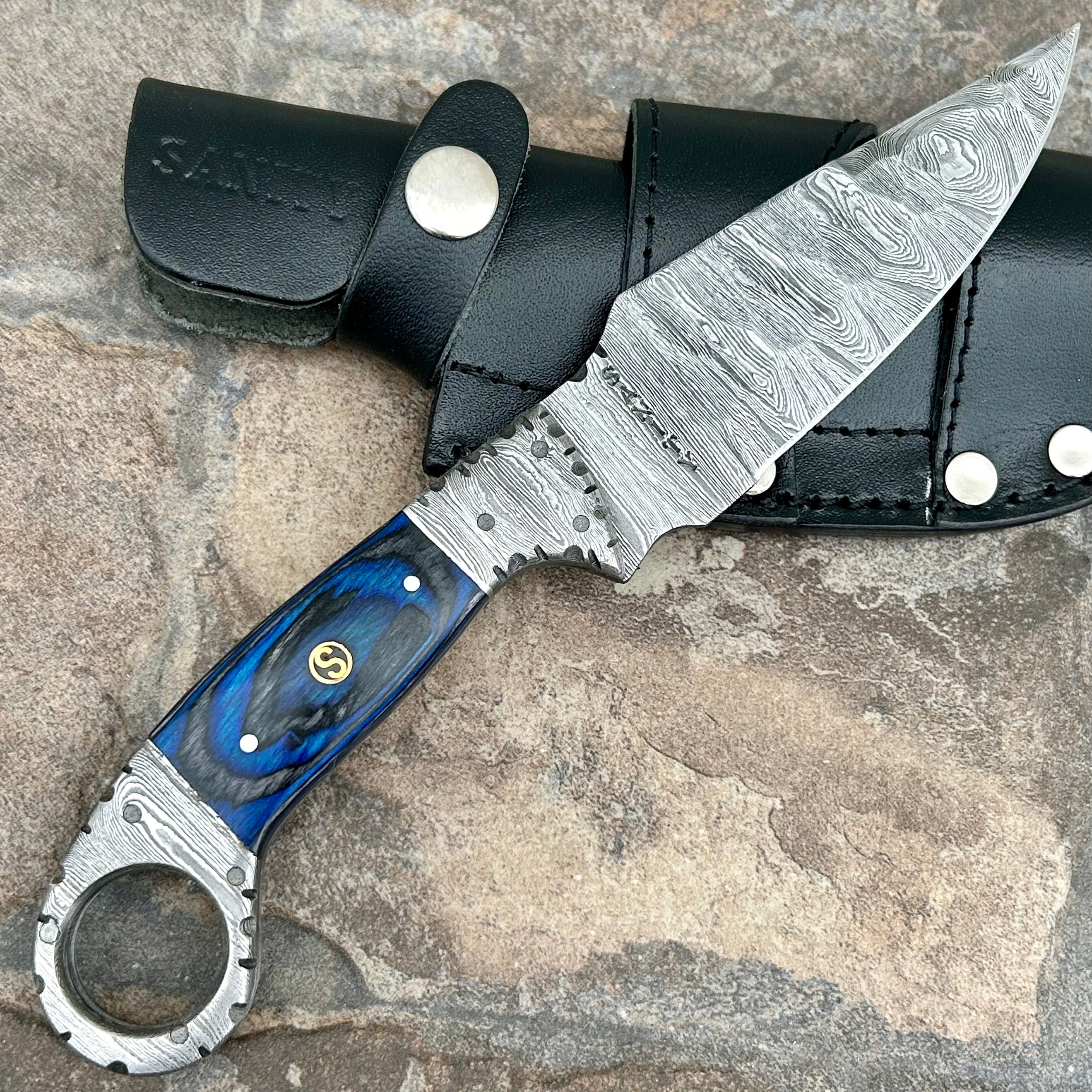 9" Al Capone - Blue & Black Wood - Damascus - Horizontal & Vertical Ca