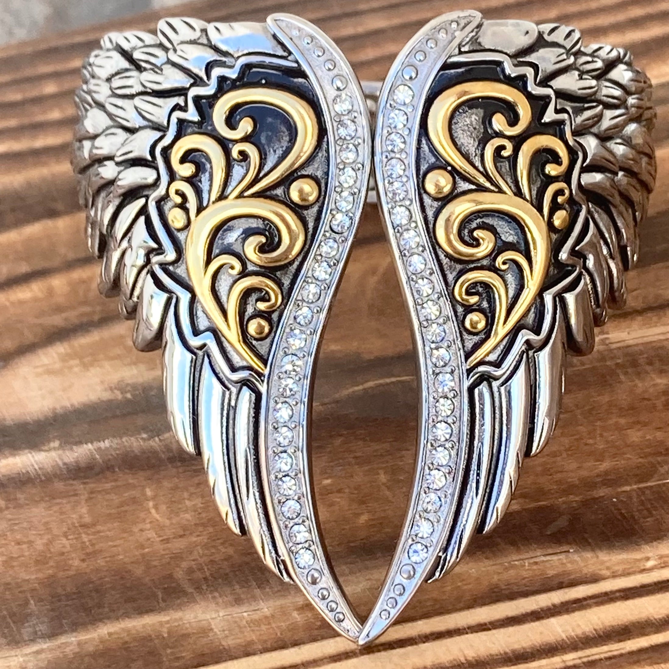 Angel Heart Wing Bracelet - Silver & Gold - Double Wing Cuff - Crystal