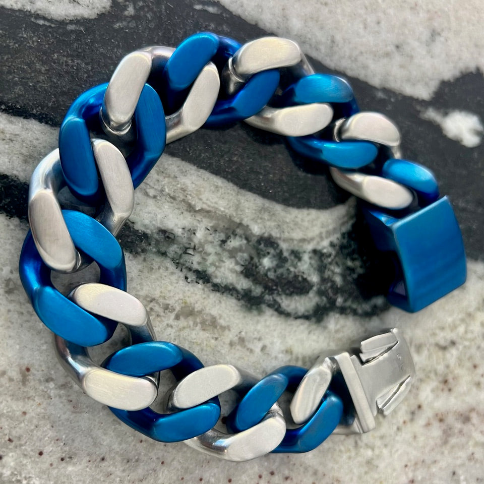 Bagger Bracelet - "EASY BIKER" - Blue & Silver - 3/4 Inch wide - B161