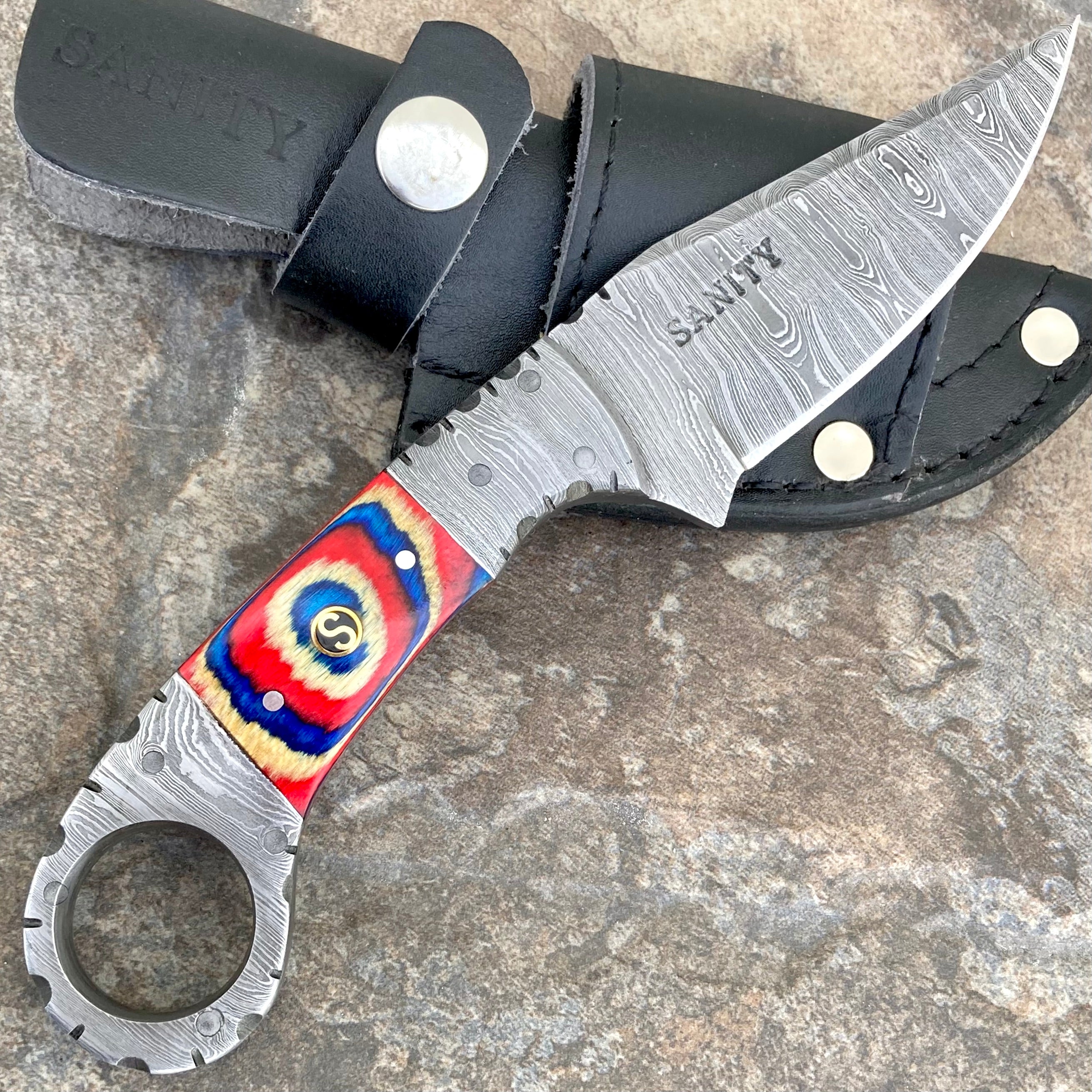 7.5” Al Capone - Red/White/Blue Wood - Damascus - Horizontal & Vertica