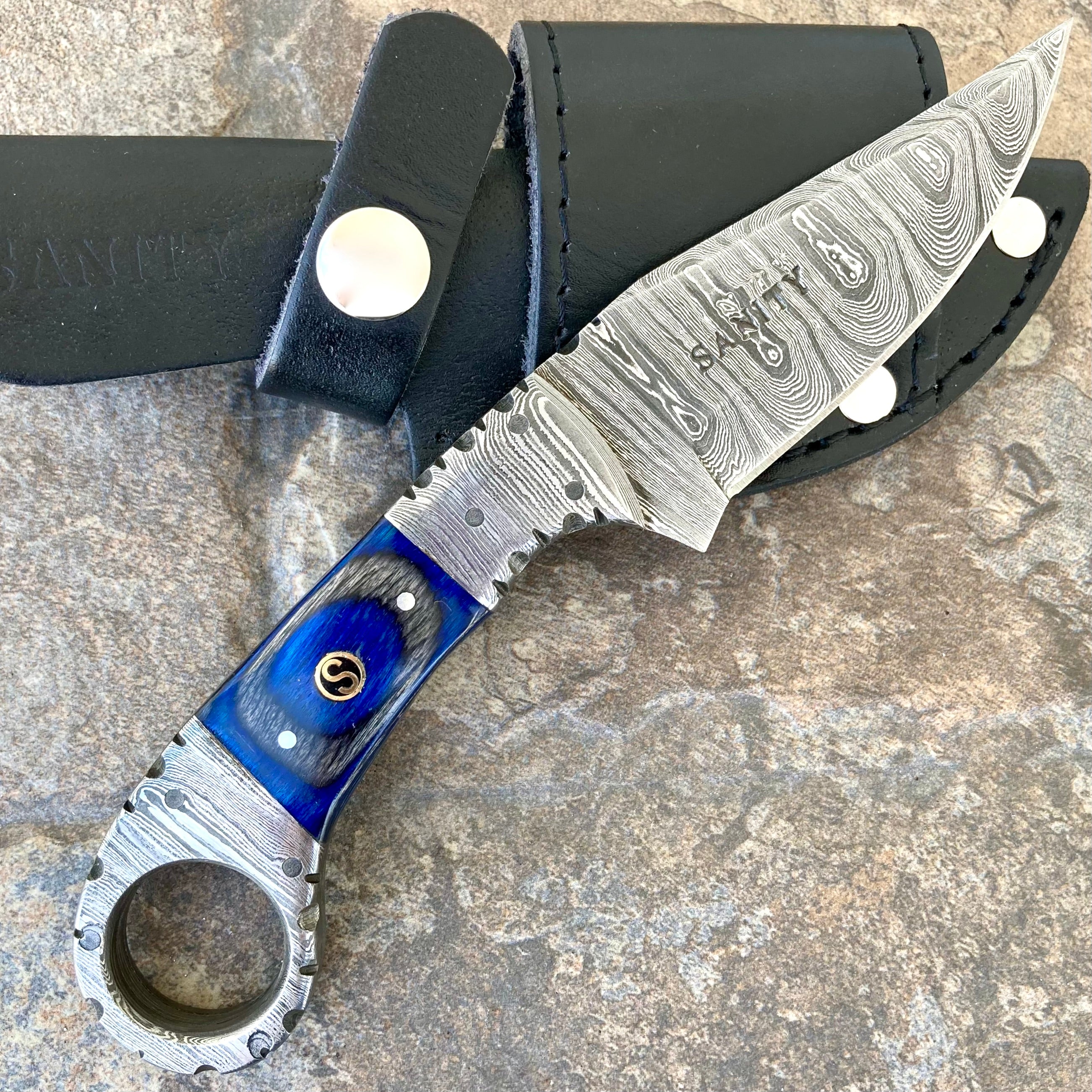 7.5” Al Capone - Blue & Black Wood - Damascus - Horizontal & Vertical