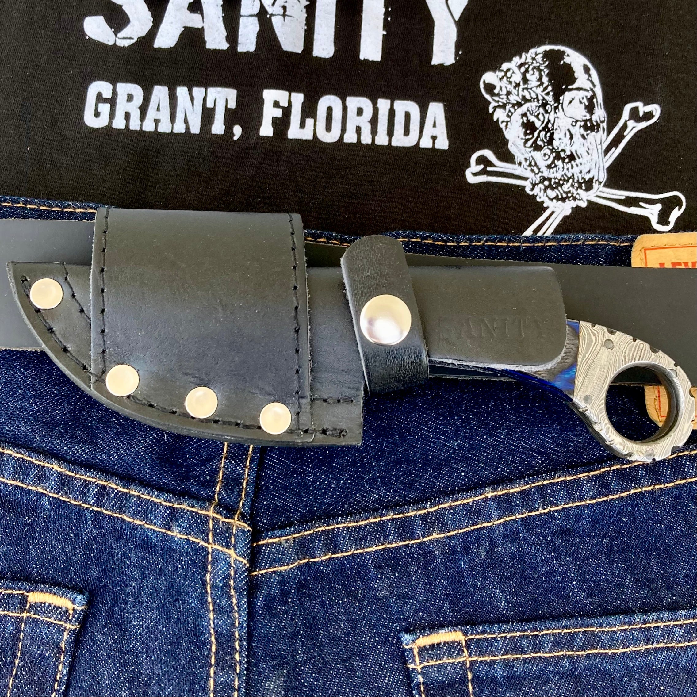 7.5” Al Capone - Blue & Black Wood - Damascus - Horizontal & Vertical