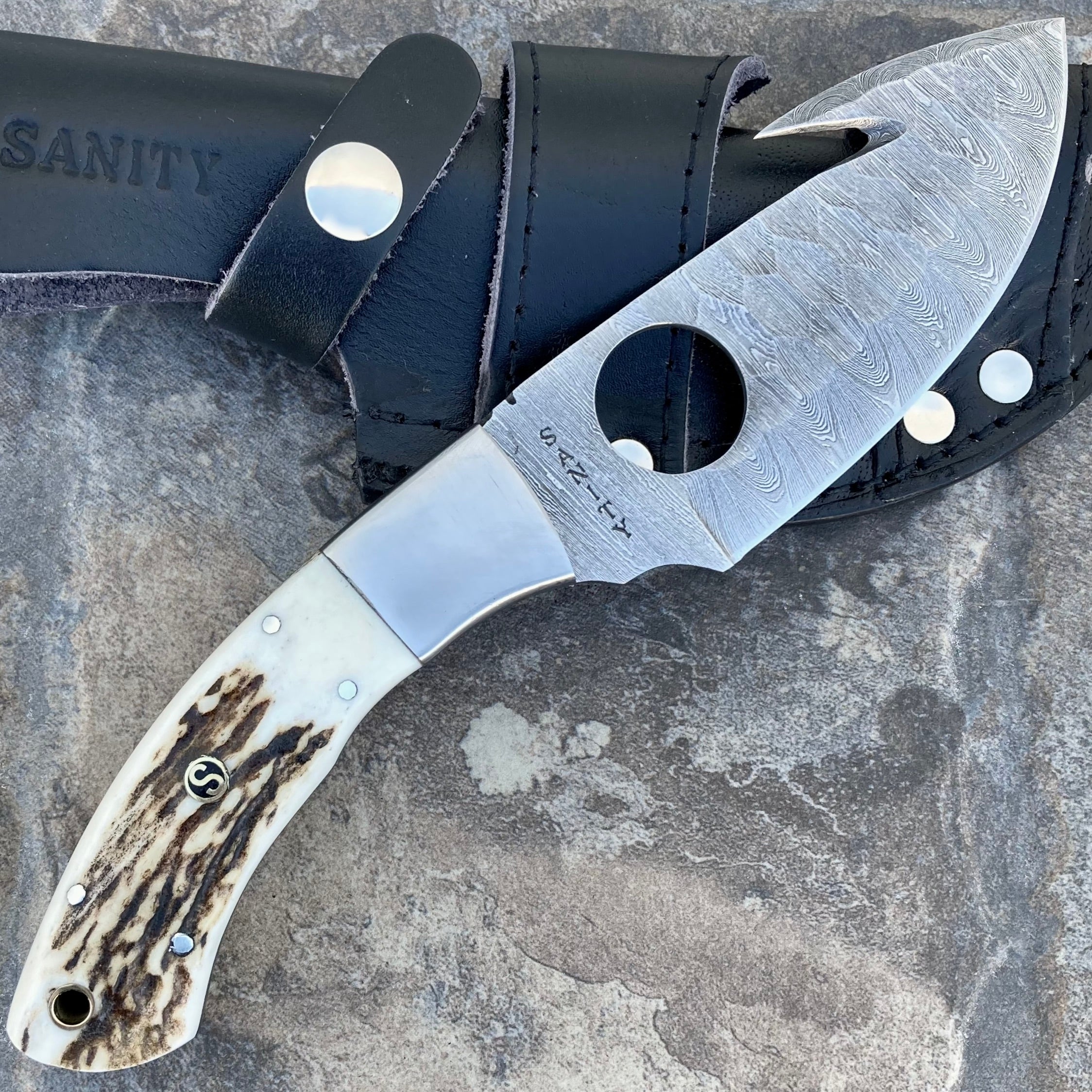 9" Angelo the Hook - Stag Antler - Damascus - Horizontal & Vertical Ca