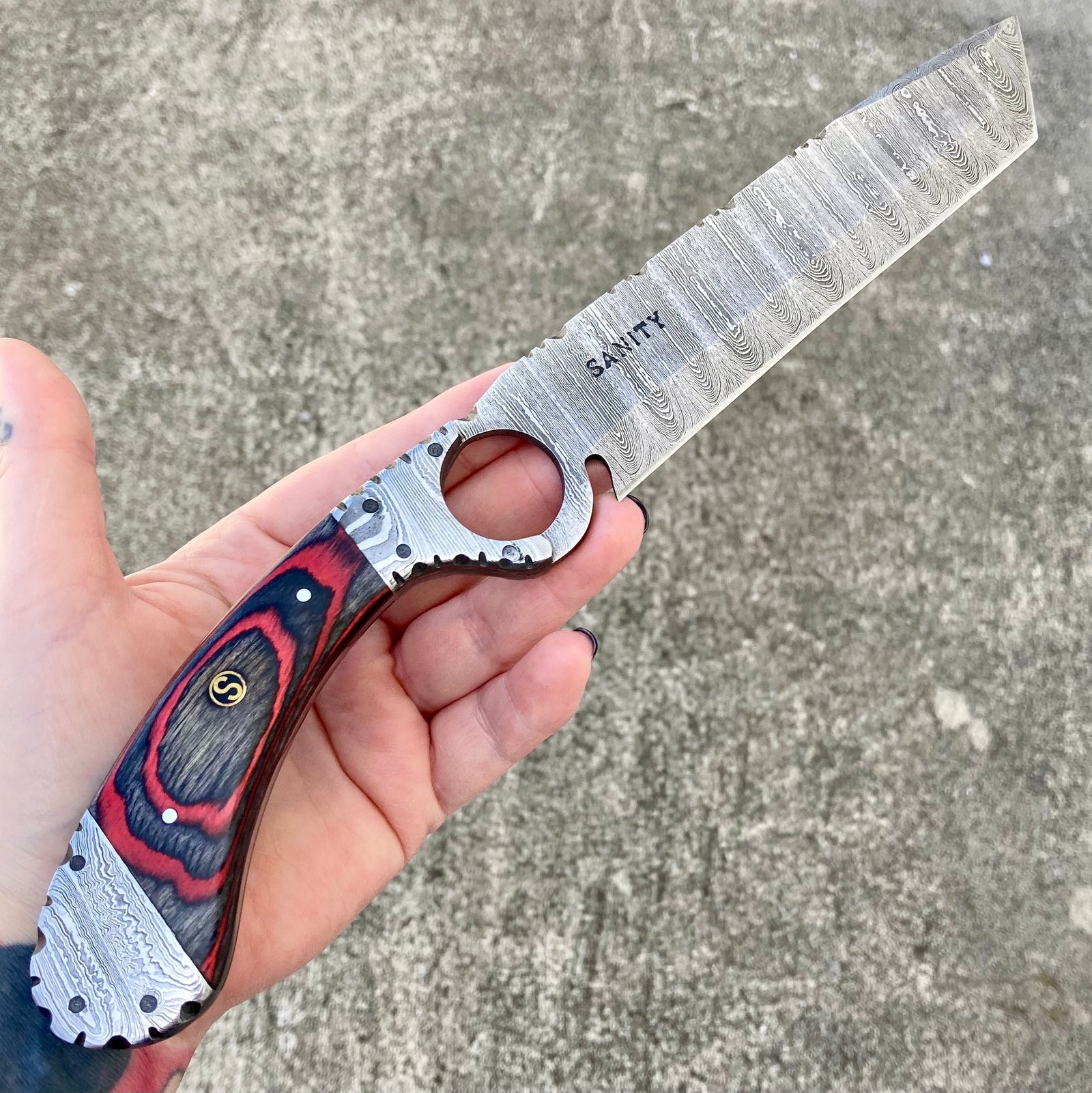 11” Doc Holiday - Red & Black Wood - Damascus - Horizontal & Vertical