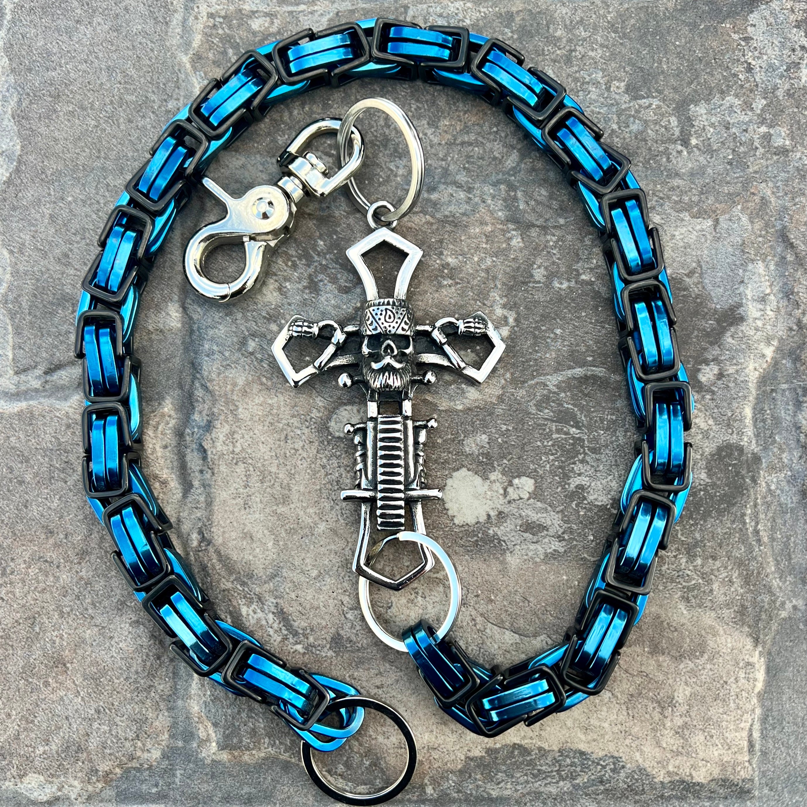 Old School Cross Wallet Chain - Black & Blue Daytona Road King - WC703